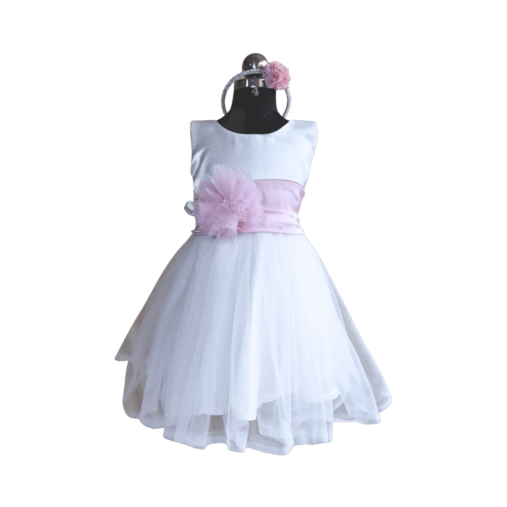 Pearl White & Pastel Pink Bloom Frock - Ivak Fashions